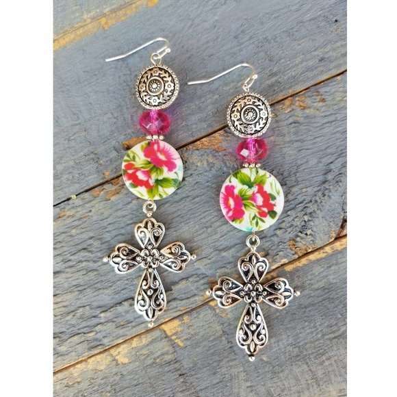 Hand Crafted | Jewelry | Artisan Earrings Silver Scrollwork Cross Pink ...